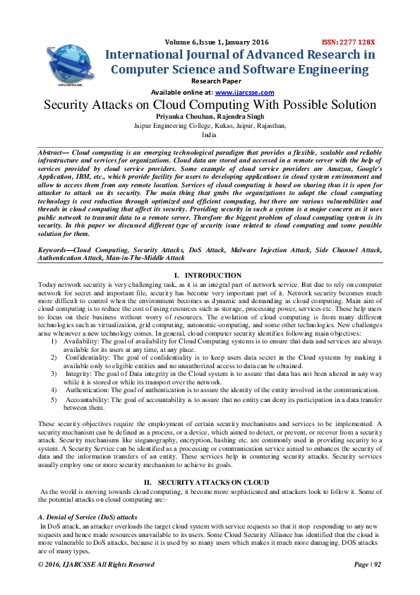 (PDF) Security Attacks on Cloud Computing With Possible Solution