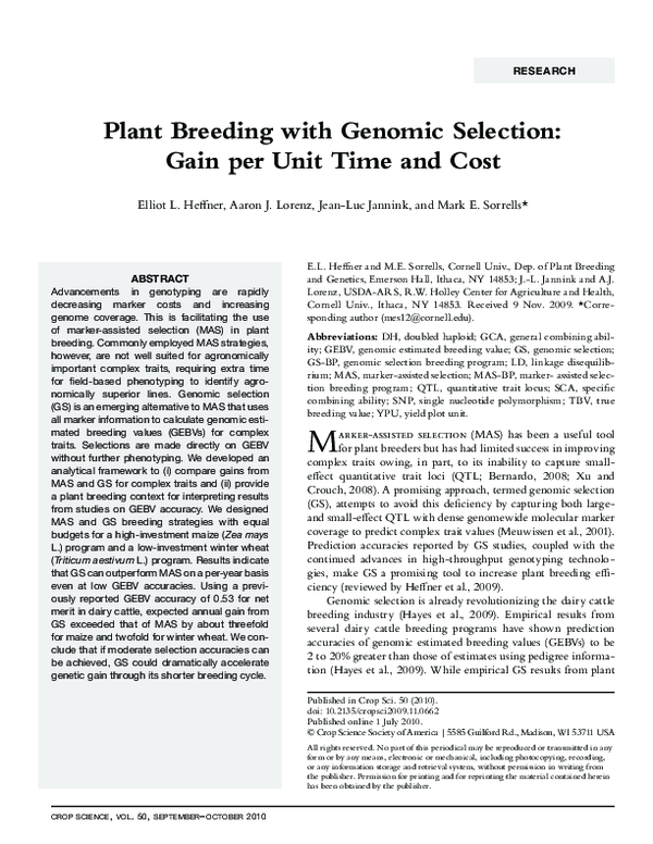 (PDF) Plant Breeding with Genomic Selection: Gain per Unit Time and Cost