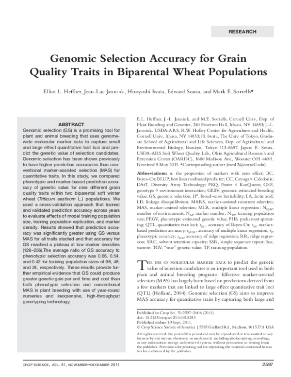 (PDF) Genomic Selection Accuracy for Grain Quality Traits in Biparental Wheat Populations