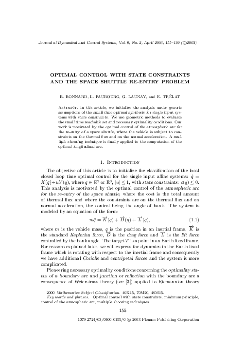 (PDF) Optimal control with state constraints and the space shuttle re-entry problem