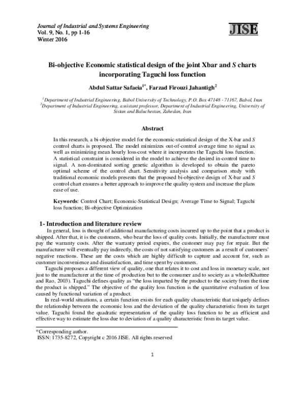 Pdf Bi Objective Economic Statistical Design Of The Joint Xbar And S Charts Incorporating