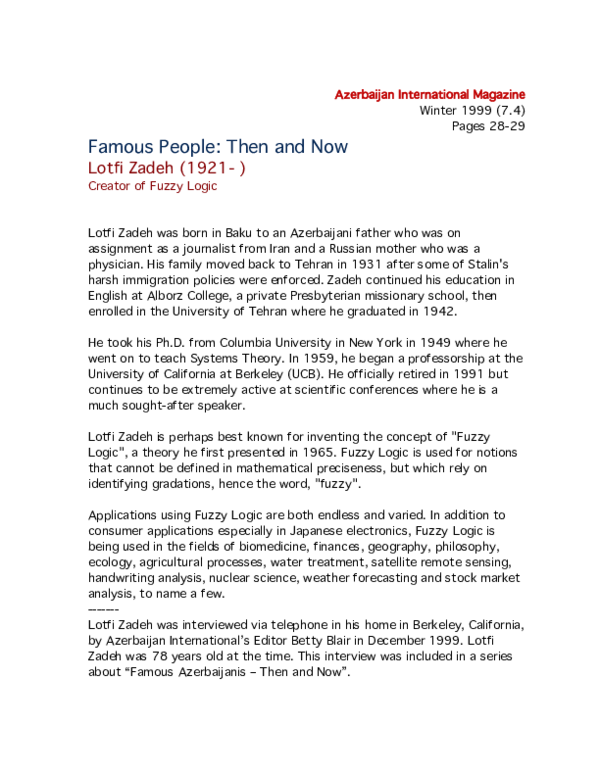 (PDF) Famous People: Lotfi Zadeh "Creator of Fuzzy Logic" - Then and Now