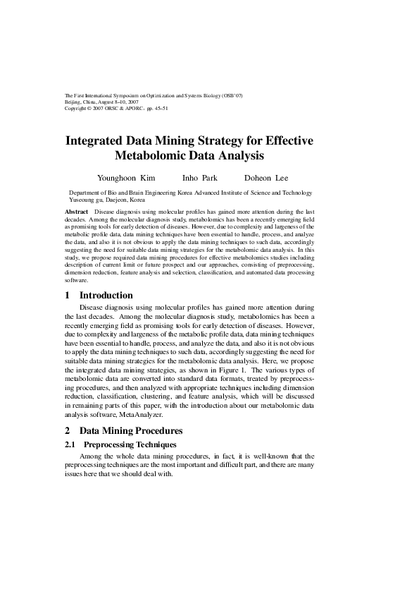 (PDF) Integrated data mining strategy for effective metabolomic data analysis