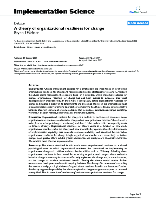 (PDF) Implementation Science A theory of organizational readiness for change