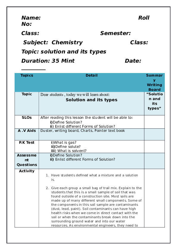 (DOC) Topic: solution and its types