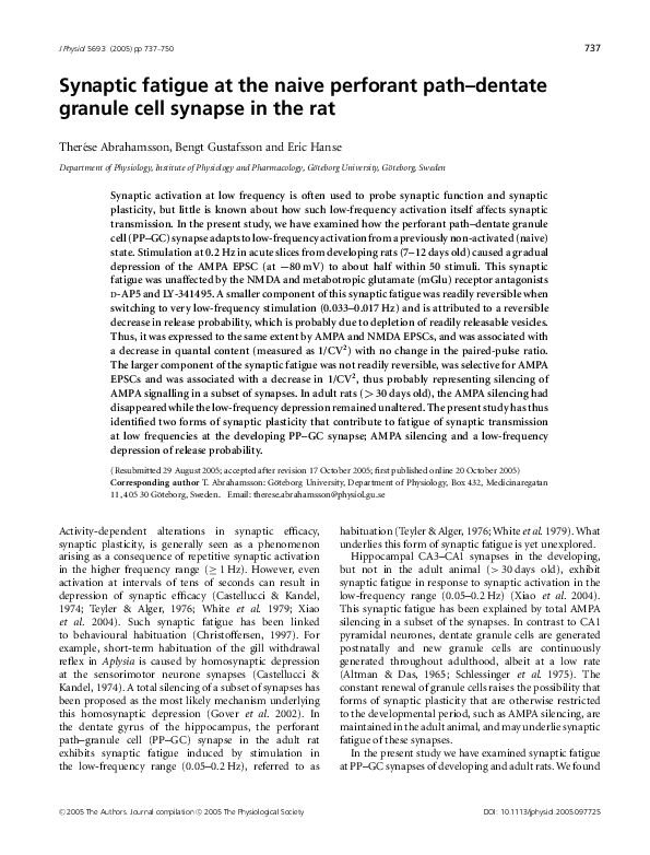 (PDF) Synaptic fatigue at the naive perforant path-dentate granule cell ...