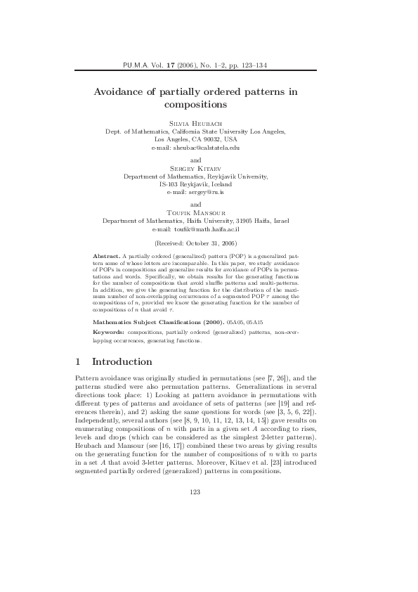(PDF) Avoidance of partially ordered patterns in compositions, Pure Mathematics and Applications