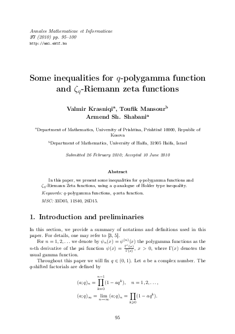 (PDF) Some inequalities for q-polygamma function and ζq-Riemann zeta functions