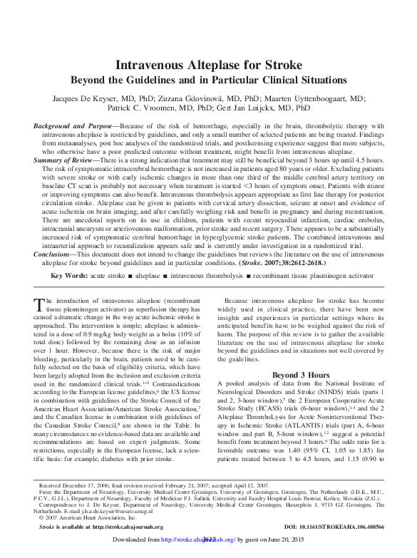 (PDF) Intravenous Alteplase for Stroke: Beyond the Guidelines and in ...