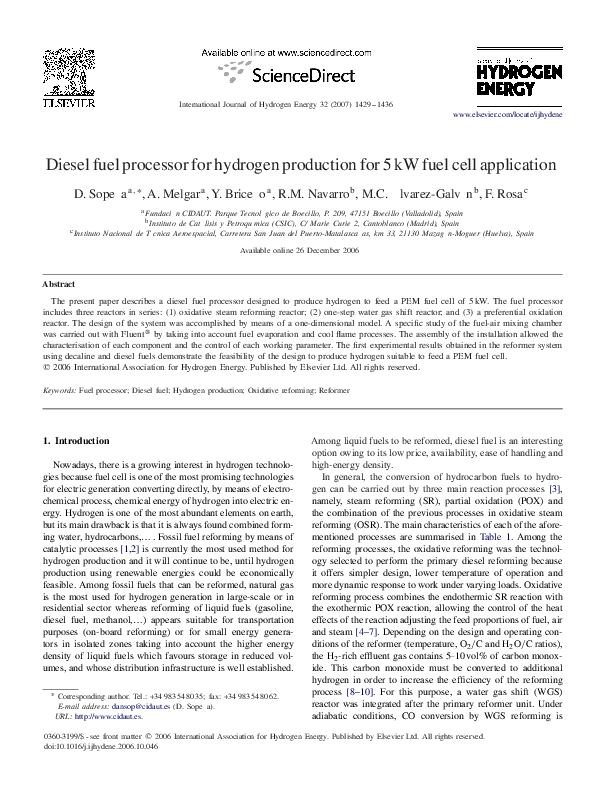 (PDF) Diesel fuel processor for hydrogen production for 5kW fuel cell ...