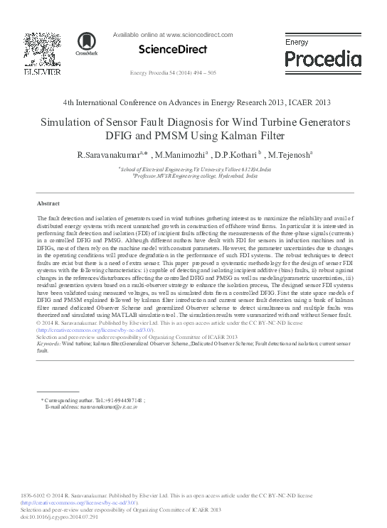 Pdf Simulation Of Sensor Fault Diagnosis For Wind Turbine Generators Dfig And Pmsm Using