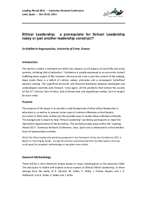 (PDF) Ethical Leadership: a prerequisite for School Leadership today or ...