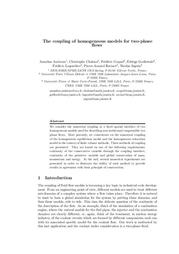 (PDF) The coupling of homogeneous models for two-phase flows