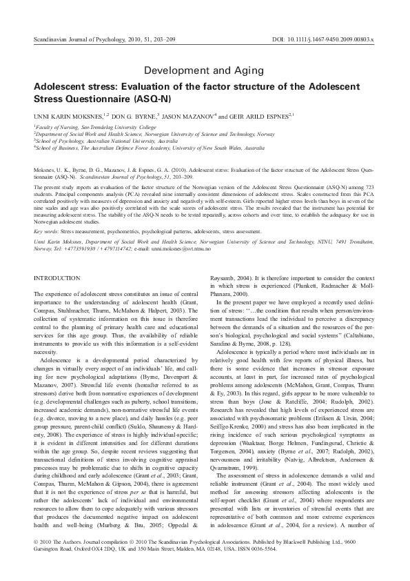 (PDF) Adolescent stress: Evaluation of the factor structure of the ...