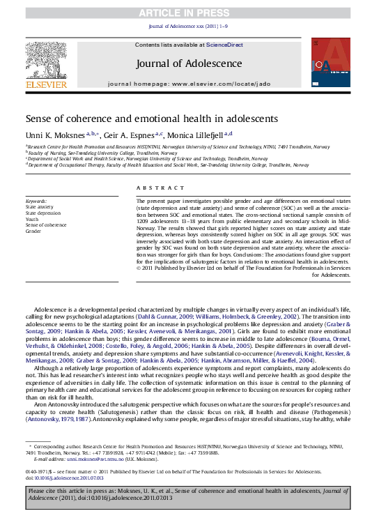 (PDF) Sense of coherence and emotional health in adolescents
