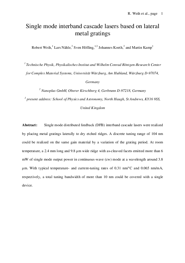(PDF) Single mode interband cascade lasers based on lateral metal gratings