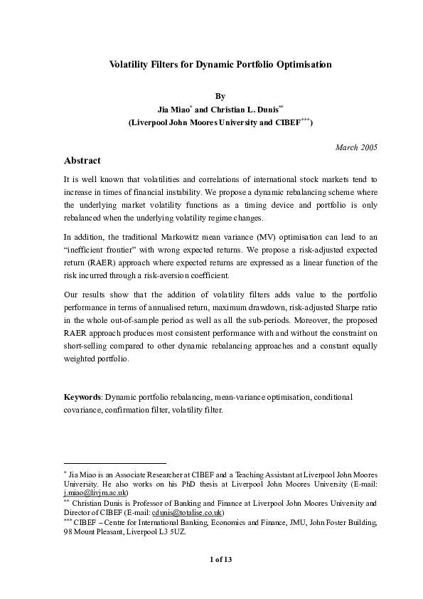 (PDF) Volatility filters for dynamic portfolio optimization