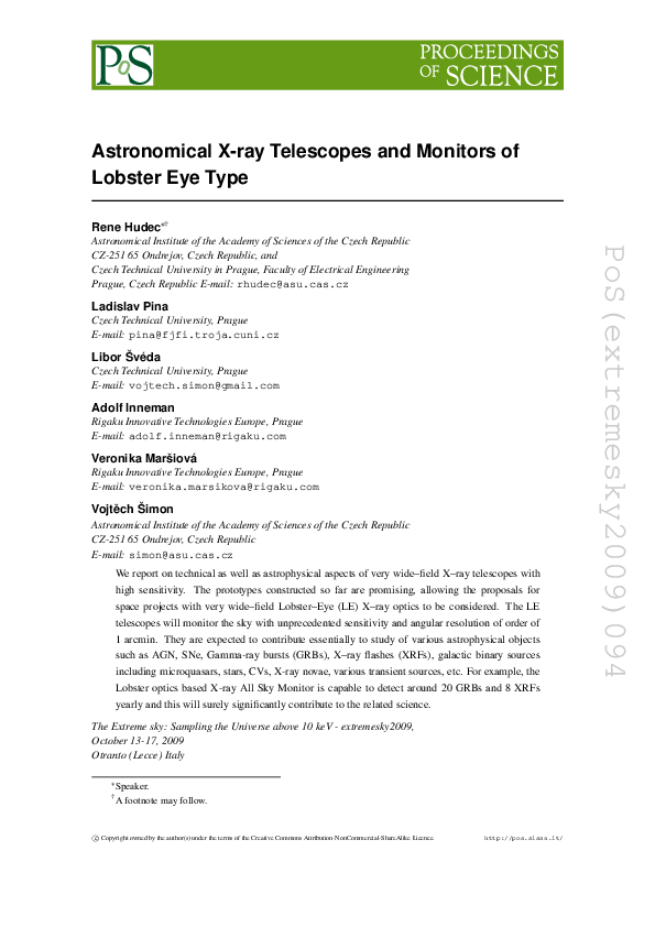 Pdf Astronomical X Ray Telescopes And Monitors Of Lobster Eye Type