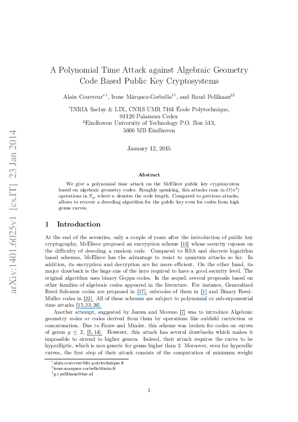 (PDF) A polynomial time attack against algebraic geometry code based public key cryptosystems