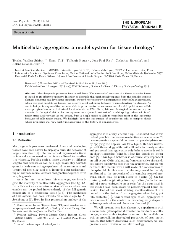 (PDF) Multicellular aggregates: a model system for tissue rheology