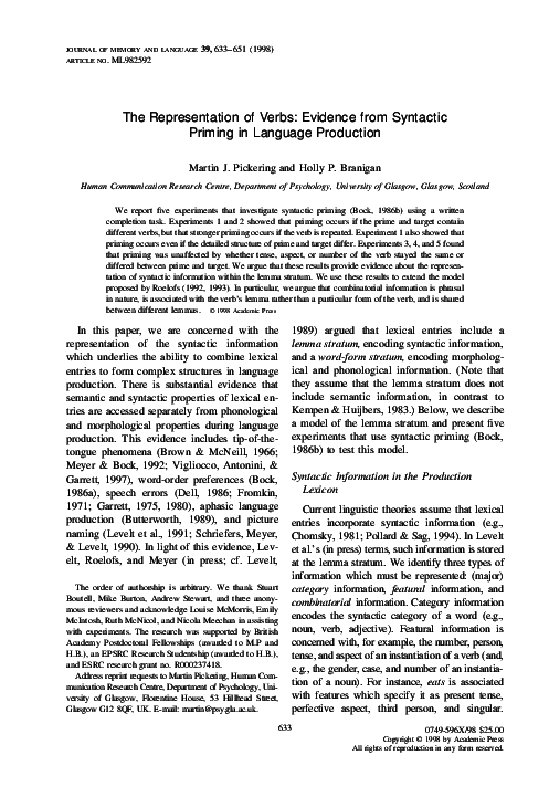 Pdf The Representation Of Verbs Evidence From Syntactic Priming In Language Production