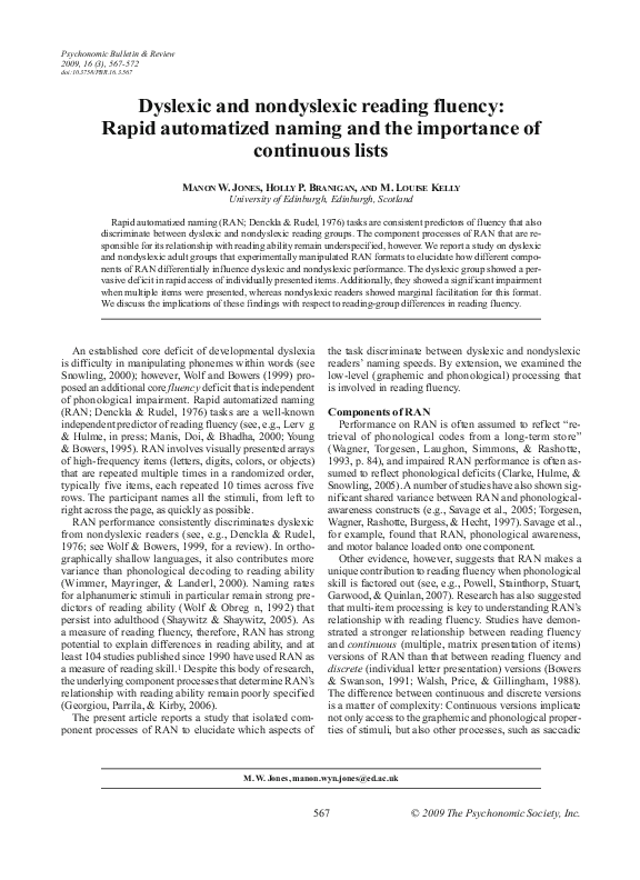 (PDF) Dyslexic and nondyslexic reading fluency: Rapid automatized naming and the importance of ...