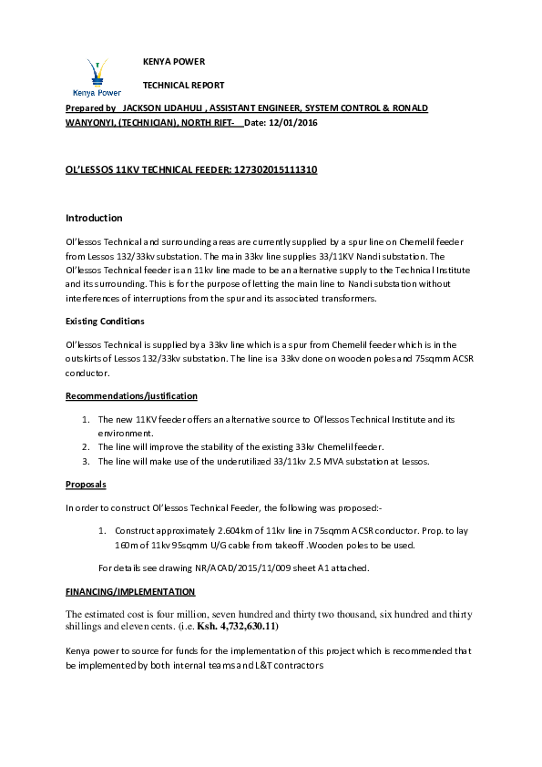 (PDF) OL'LESSOS TECHNICAL DEDICATED 11KV FEEDER