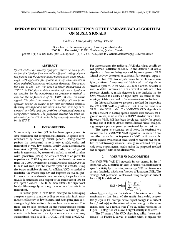 (PDF) Improving the Detection Efficiency of the VMR-WB VAD Algorithm on Music Signals