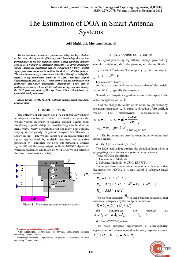 (PDF) The Estimation of DOA in Smart Antenna Systems