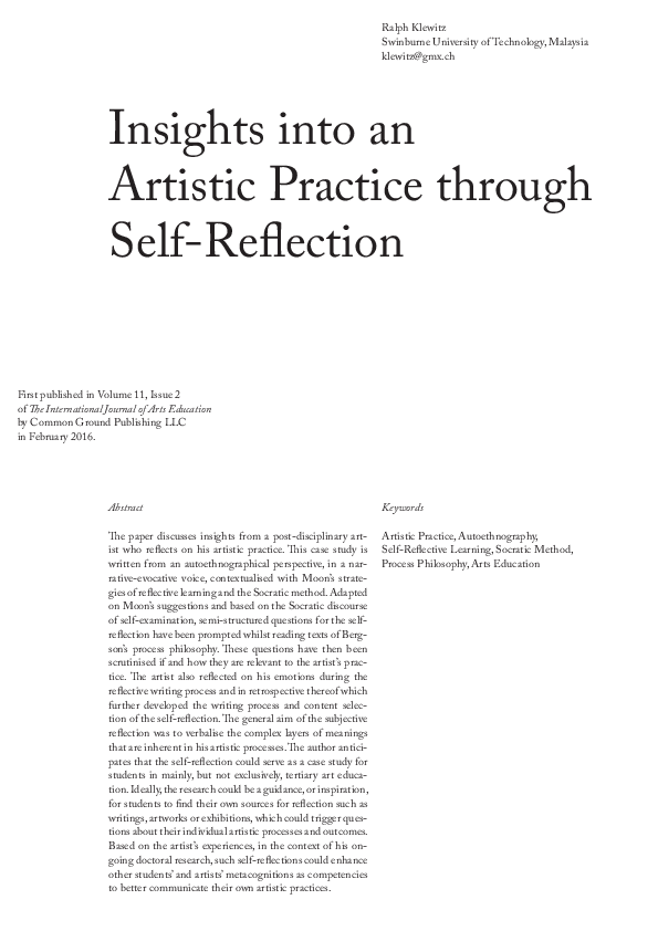 (PDF) Insights into an Artistic Practice through Self-Reflection (2016)