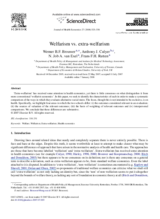 (PDF) Welfarism and extra welfarism | Anthony J Culyer - Academia.edu