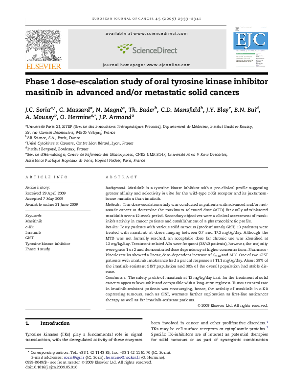 (PDF) Phase 1 dose-escalation study of oral tyrosine kinase inhibitor masitinib in advanced and ...