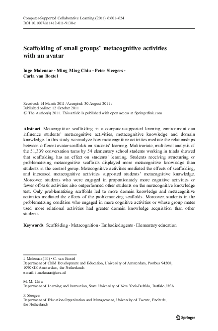 (PDF) Scaffolding of small groups’ metacognitive activities with an avatar | Inge Molenaar and ...