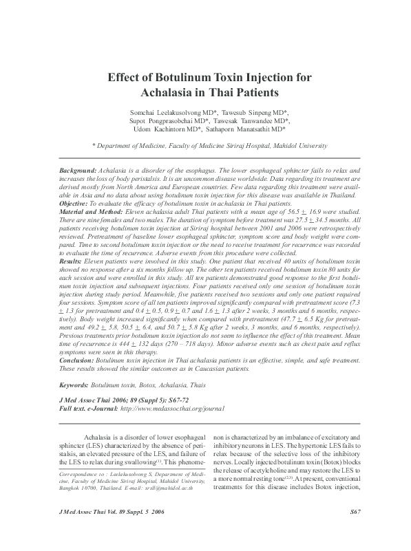 (PDF) Effect of botulinum toxin injection for achalasia in Thai patients