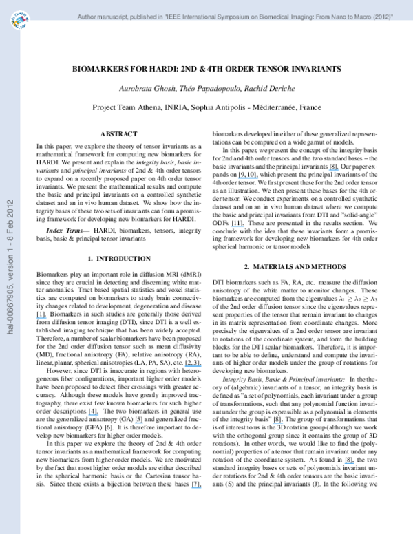 (PDF) BIOMARKERS FOR HARDI: 2ND & 4TH ORDER TENSOR INVARIANTS