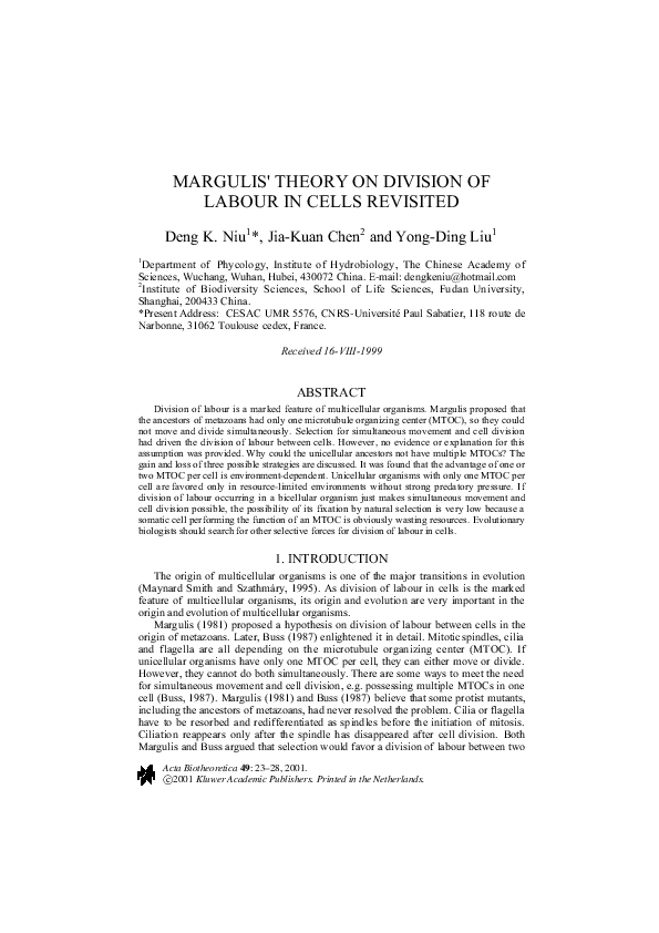 (PDF) Margulis' theory on division of labour in cells revisited