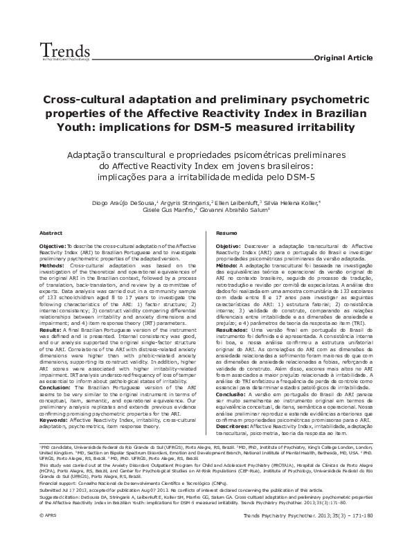 (PDF) Cross-cultural adaptation and preliminary psychometric properties ...