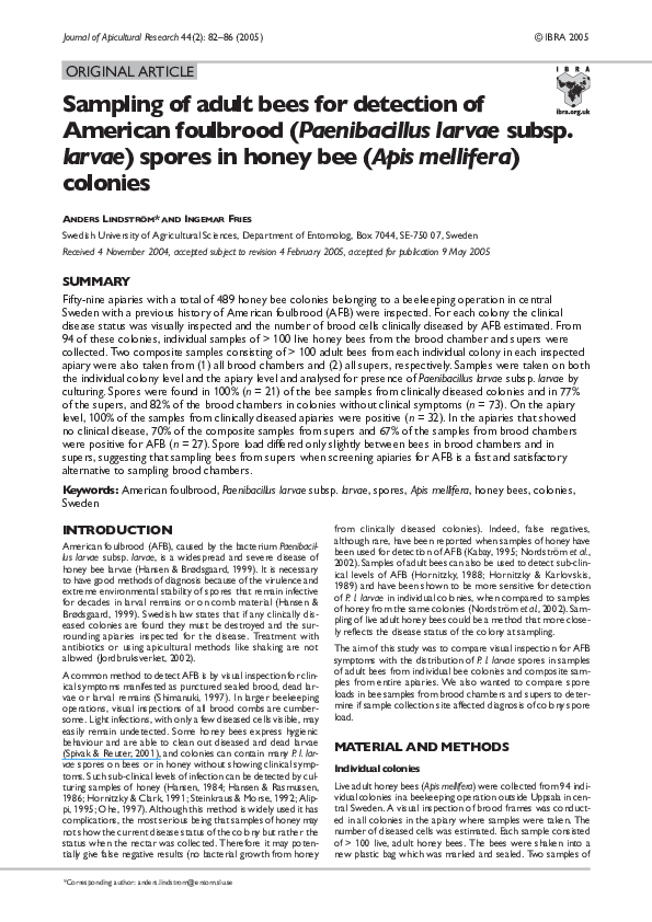 (PDF) Sampling of adult bees for detection of American foulbrood ...
