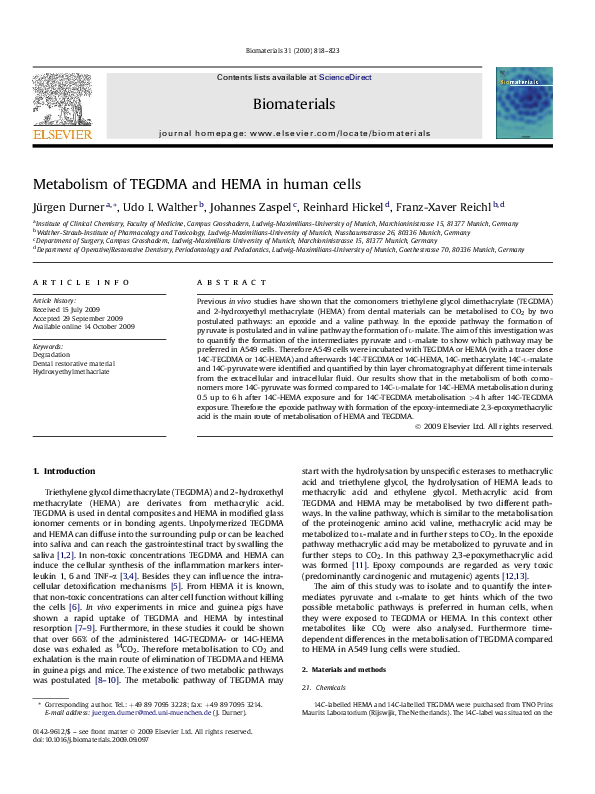 (PDF) Metabolism of TEGDMA and HEMA in human cells