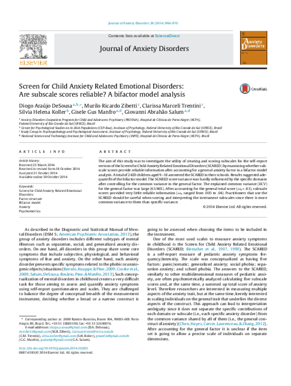 (PDF) Screen for child anxiety related emotional disorders: are subscale scores reliable? {A ...