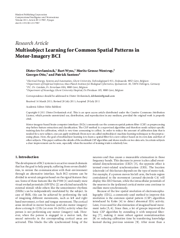 (PDF) Multisubject Learning for Common Spatial Patterns in Motor ...