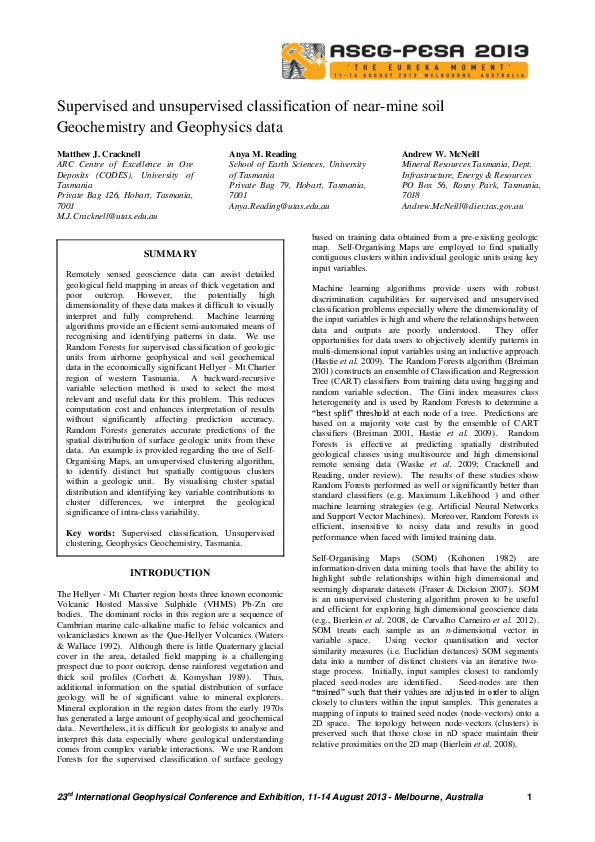 (PDF) Supervised and unsupervised classification of near-mine soil Geochemistry and Geophysics data