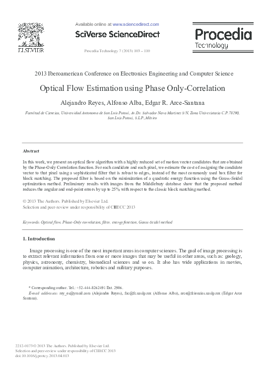 (PDF) Optical Flow Estimation using Phase Only-Correlation