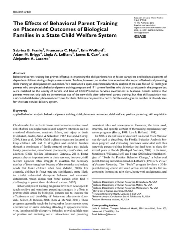 (PDF) The Effects of Behavioral Parent Training on Placement Outcomes ...