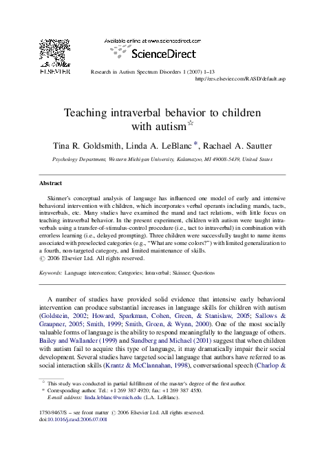 (PDF) Teaching intraverbal behavior to children with autism