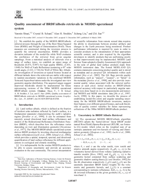 (PDF) Quality assessment of BRDF/albedo retrievals in MODIS operational ...