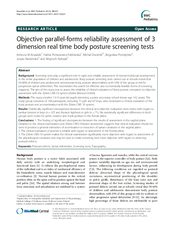 (PDF) Objective parallel-forms reliability assessment of 3 dimension real time body posture ...