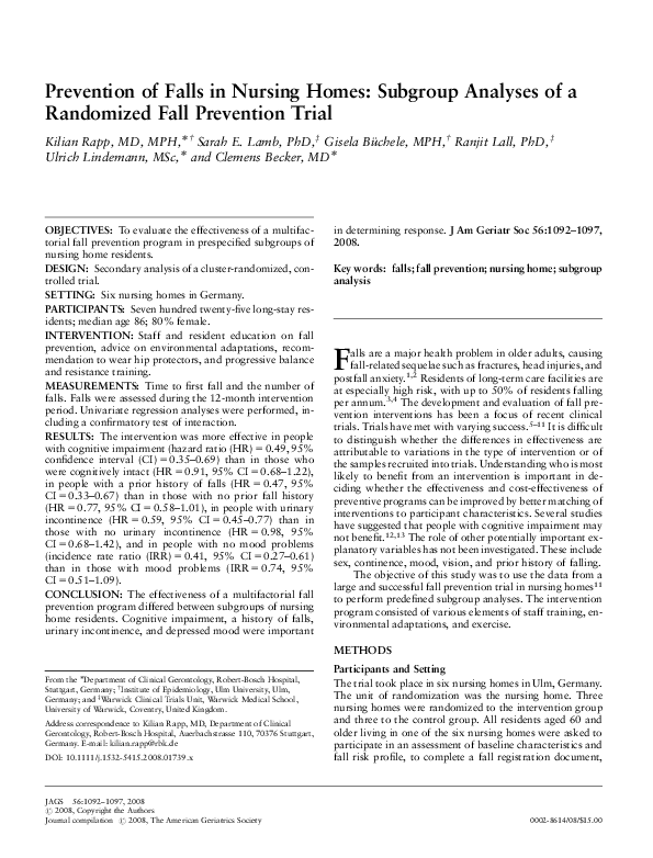 (PDF) Prevention of Falls in Nursing Homes: Subgroup Analyses of a ...