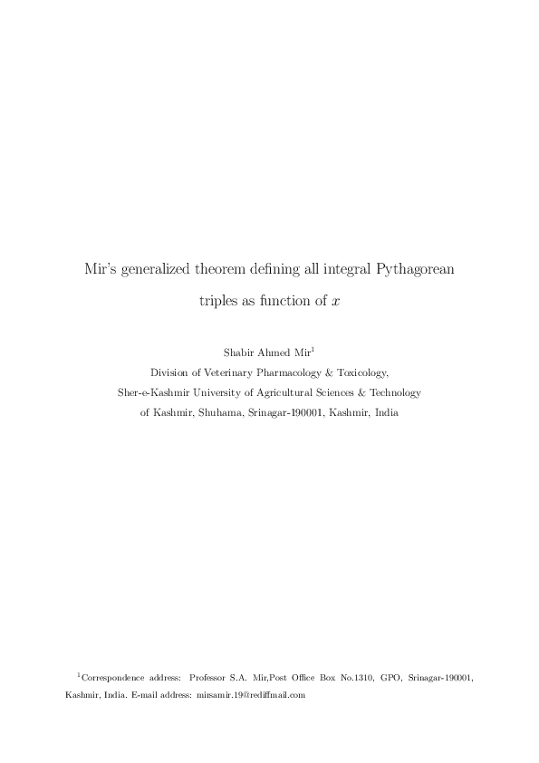 (PDF) Mir's generalized theorem defining all integral Pythagorean triples as function of x ...