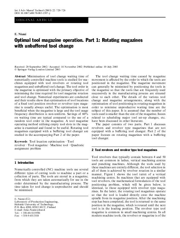 (PDF) Optimal tool magazine operation. Part 1: Rotating magazines with ...